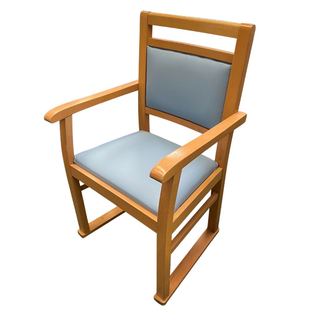 Half Back Chair with arms - PVC/wooden detailed Back (Blue) - Medical hire